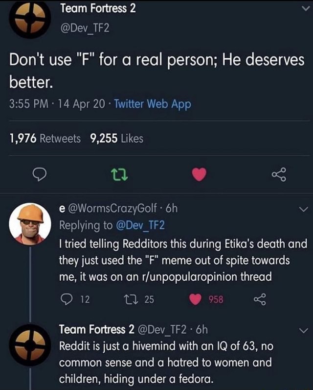 Don't use "F" for a real person; He deserves better. 3:55 PM 14 Apr 20 ...