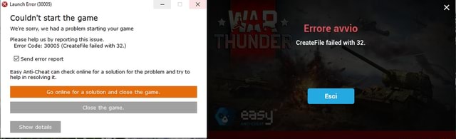 Launch Error (30005) Couldn't start the game by id problem CreateFile failed with 32. Esci and ...