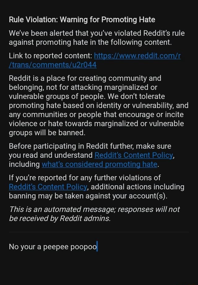 Rule Violation: Warning for Promoting Hate We've been alerted that you ...