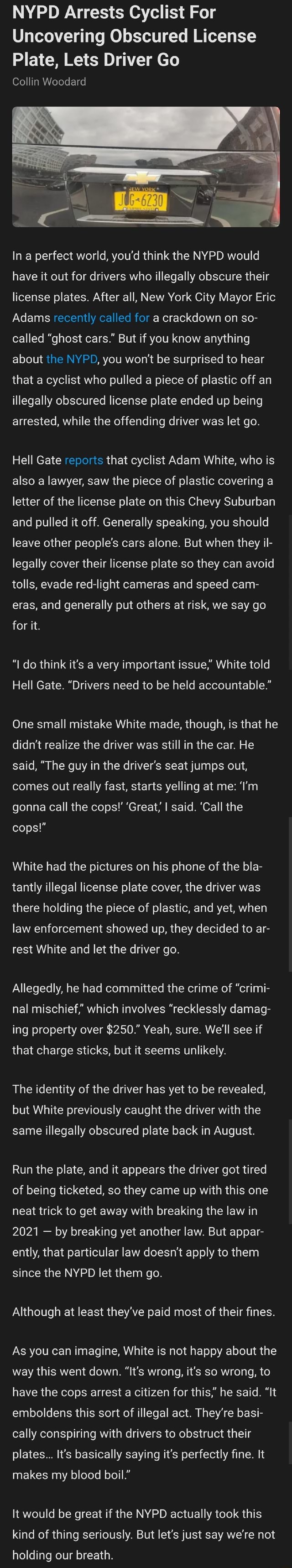 NYPD Arrests Cyclist For Uncovering Obscured License Plate, Lets Driver ...