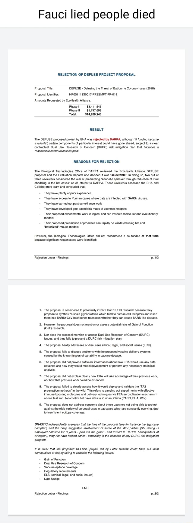 Fauci lied people died REJECTION OF DEFUSE PROJECT PROPOSAL Proposal ...