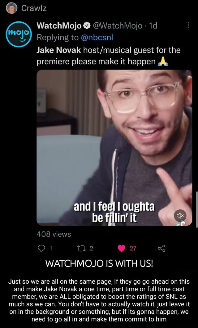 ) Crawlz WatchMojo @ @WatchMojo - Replying to @nbcsnl Jake Novak guest ...