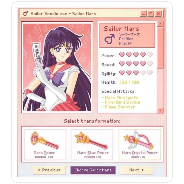 Sailor Senshi.exe Sailor Mars Sailor Mars Rei Hino Age: 14 Power: VUVUD ...