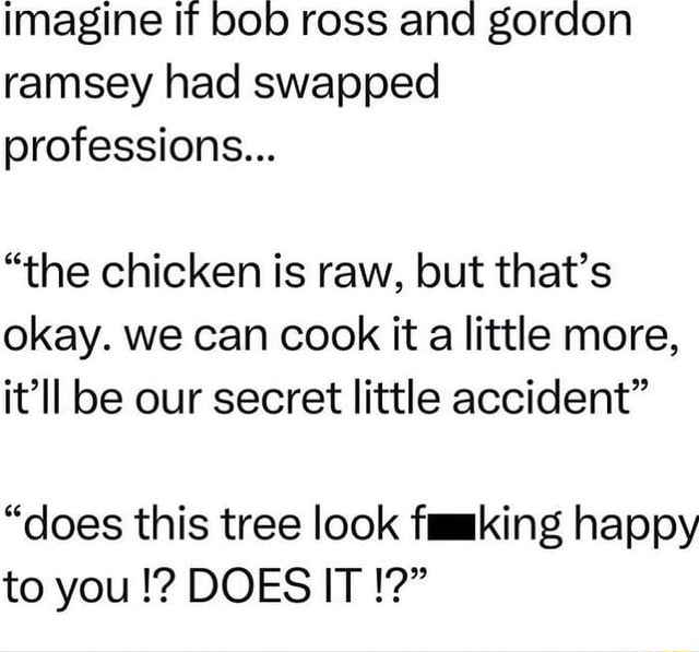 Imagine If bob ross and gordon ramsey had swapped professions... "the ...