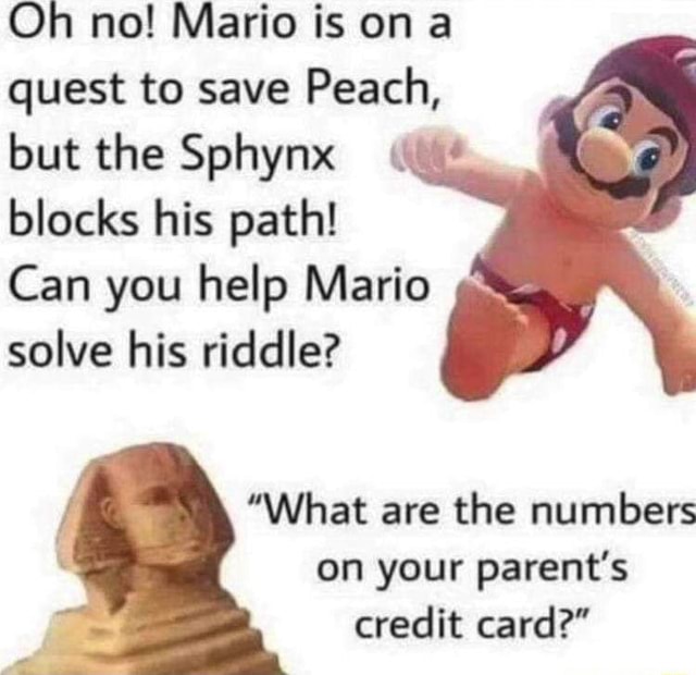 Oh no! Mario is on quest to save Peach, but the Sphynx blocks his path ...