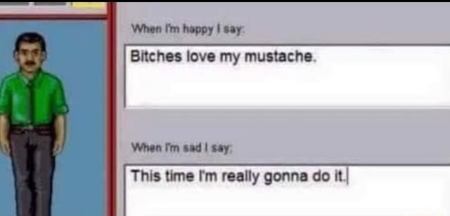 'When I'm happy I say Bitches love my mustache When I'm sad I say This ...