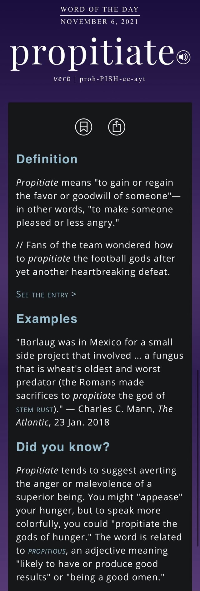 WORD OF THE DAY NOVEMBER 6, 2021 propitiates verb I proh-PISH-ee-ayt ...