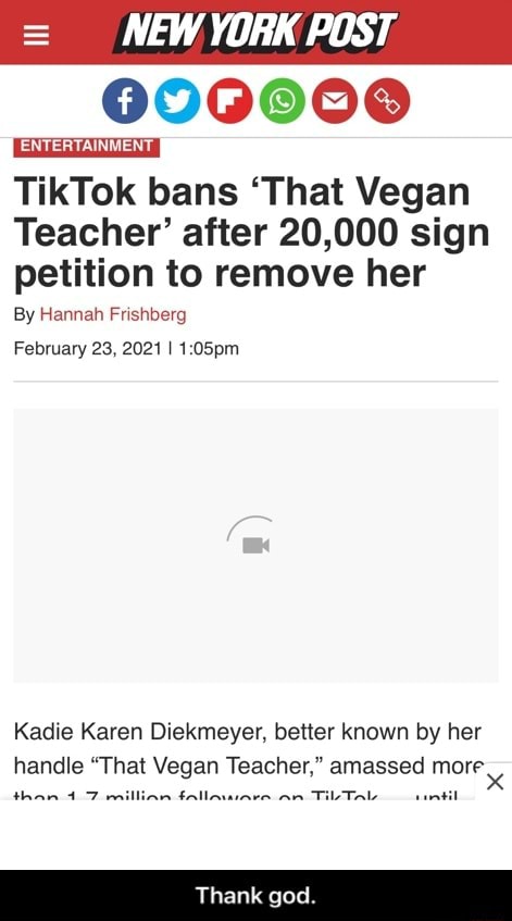 = NEWYORK POST 090000 TikTok bans 'That Vegan Teacher' after 20,000 ...