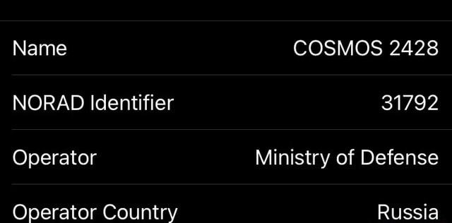Name COSMOS 2428 NORAD Identifier 31792 Operator Ministry of Defense ...