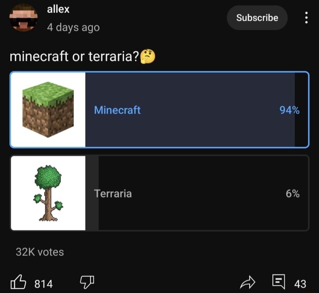 Allex 4 days ago Subscribe minecraft or terraria?@@ Minecraft Terraria ...