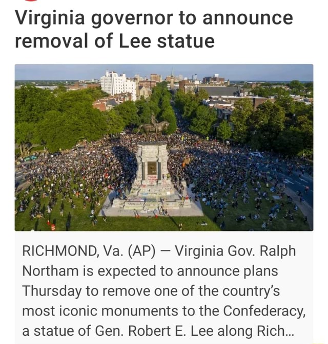 Virginia governor to announce removal of Lee statue Virginia Gov. Ralph ...