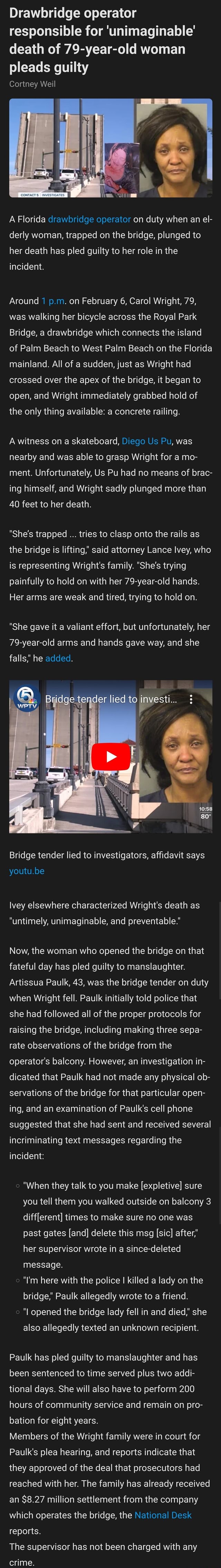 Drawbridge operator responsible for 'unimaginable' death of 79-year-old ...