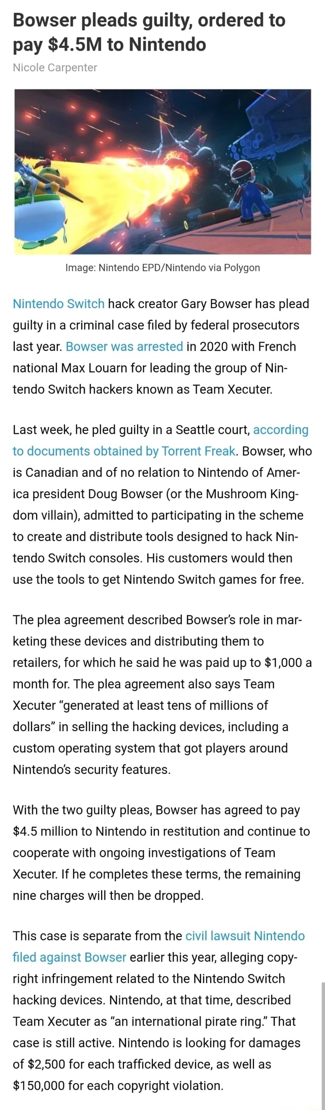 Bowser pleads guilty, ordered to pay $4.5M to Nintendo Nicole Carpenter ...