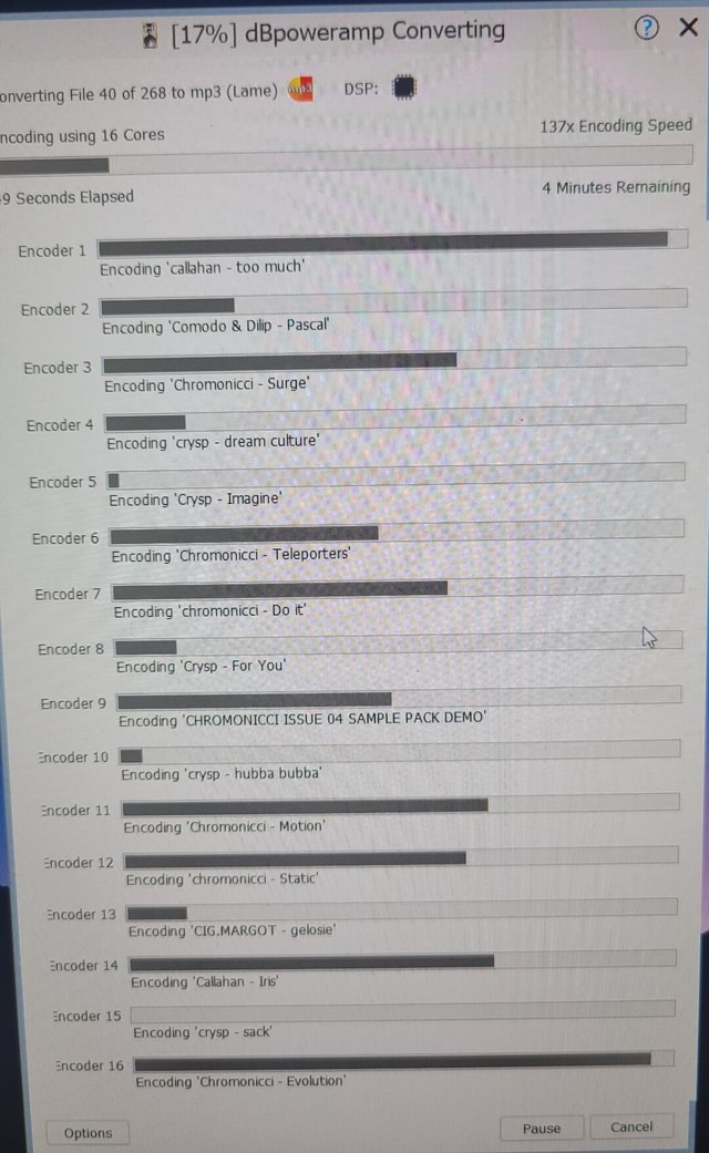 Onverting File 40 of 268 to (Lame) ncoding using 16 Cores 9 Seconds ...