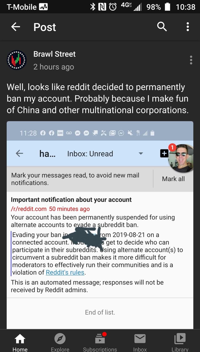 Well, looks like reddit decided to permanently ban my account. Probably ...