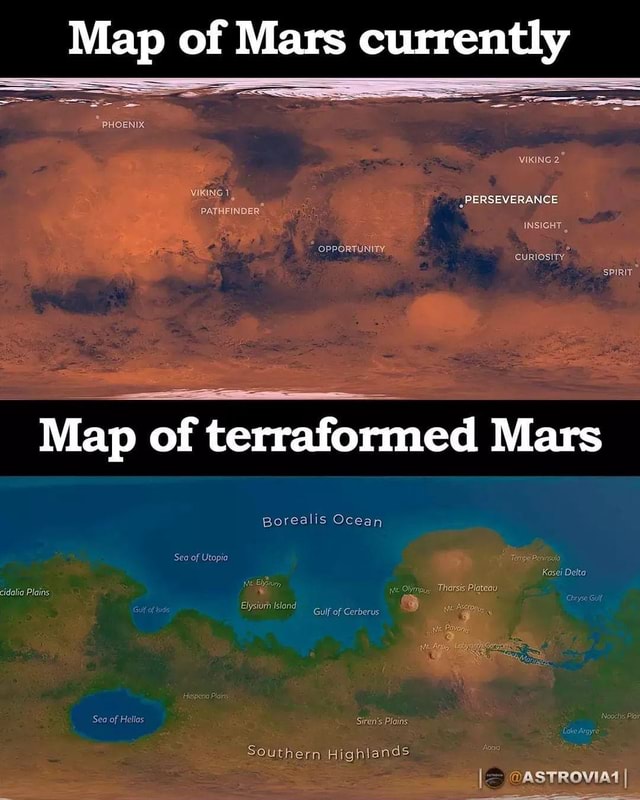 Map of Mars currently PHOENIX VIKING 2 VIKING 1 PERSEVERANCE PATHFINDER ...