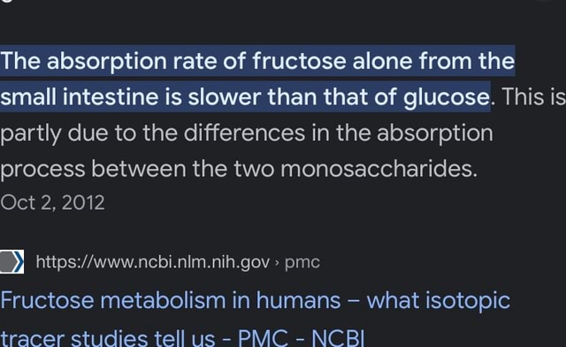 The absorption rate of fructose alone from the small intestine is ...