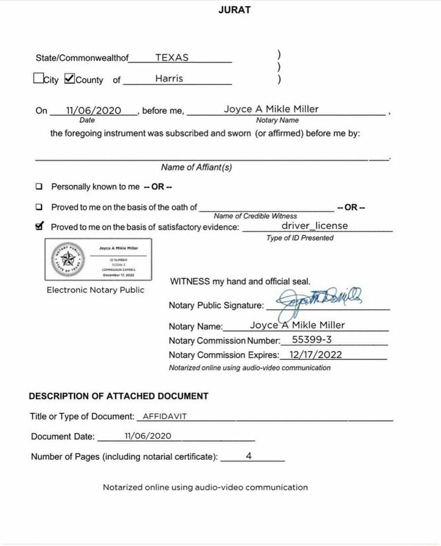 JURAT TEXAS Lity county of Harris ) On before me, Joyce A Mikle Miller ...