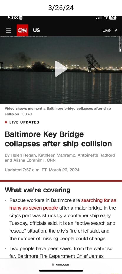 Video shows moment a Baltimore bridge collapses after ship collision ...