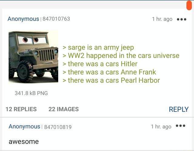 Anonymous 847010763 ago eee > sarge is an army jeep > happened in the ...