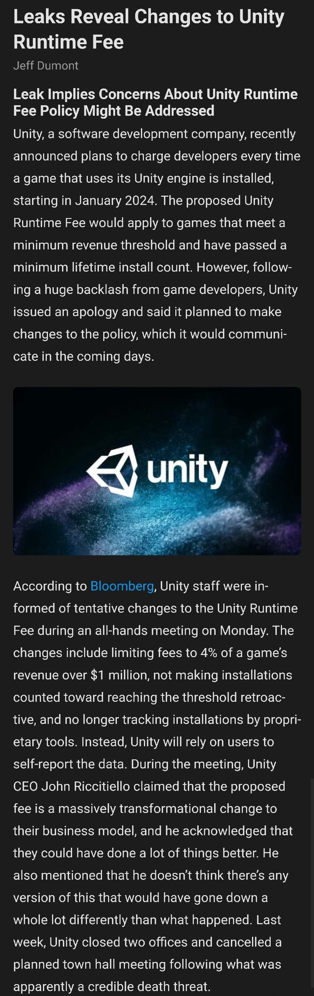 Leaks Reveal Changes to Unity Runtime Fee Jeff Dumont Leak Implies ...