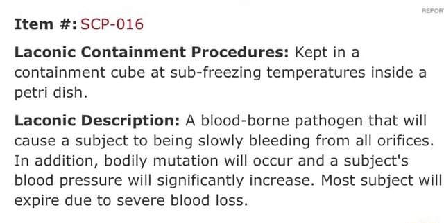 Item #:SCP-016 Laconic Containment Procedures: Kept in a containment ...