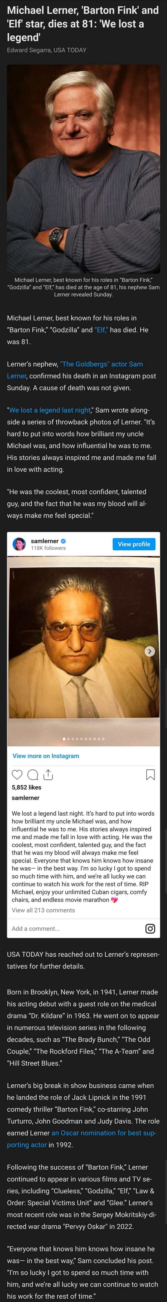 Michael Lerner, 'Barton Fink' and 'Elf' star, dies at 81: 'We lost ...