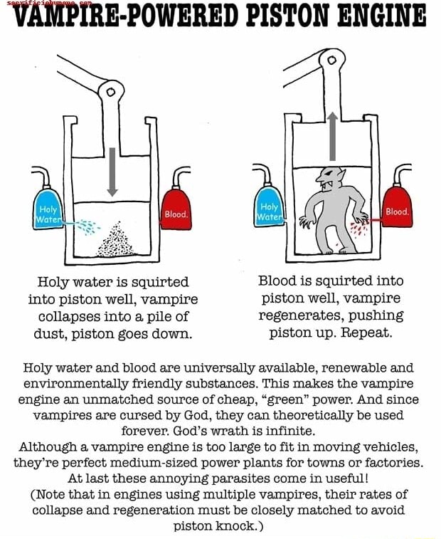 'VAMPIRE-POWERED PISTON ENGINE Holy water is squirted Blood is squirted ...