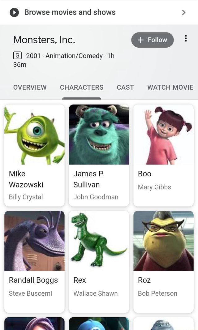 Browse movies and shows > Monsters, Inc. Follow : 2001 OVERVIEW ...