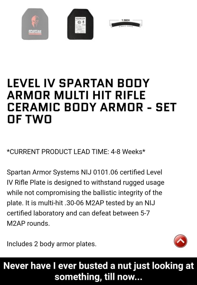LEVEL IV SPARTAN BODY ARMOR MULTI HIT RIFLE CERAMIC BODY ARMOR - SET OF ...