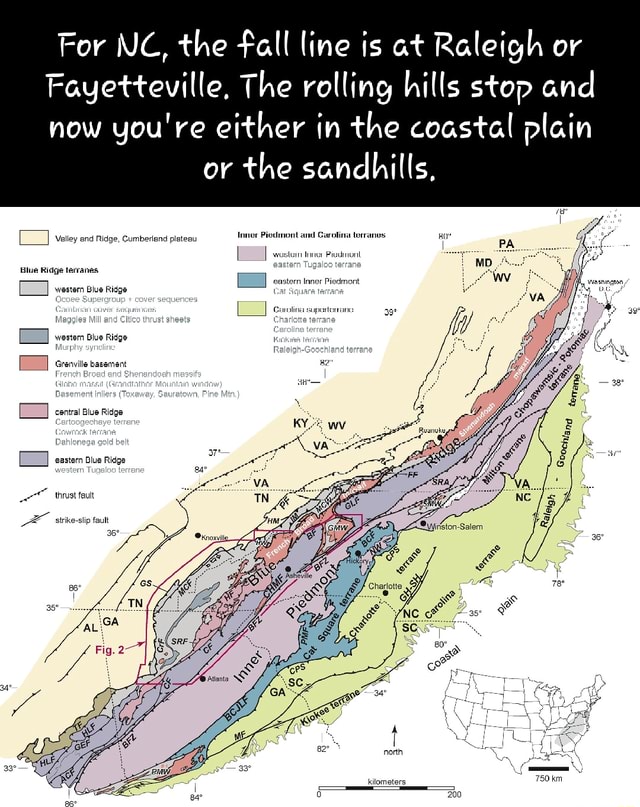 For NC, the fall line is at Raleigh or Fayetteville, The rolling hills ...