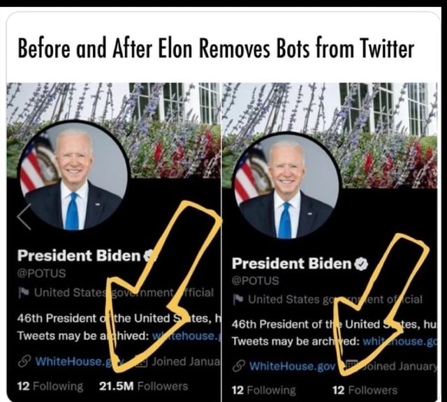 Before and After Elon Removes Bots from Twitter President Biden 46th ...