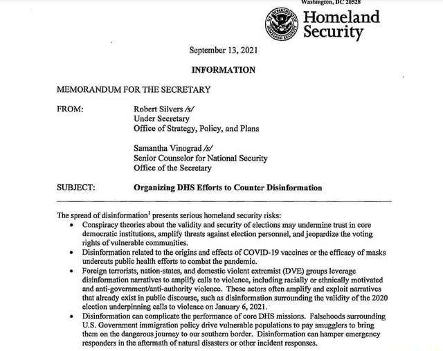Homeland Security September 13, 2021 INFORMATION MEMORANDUM FOR THE SECRETARY FROM: Robert ...