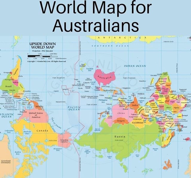 World Map for Australians UPSIDE DOWN sdurwery WORLD MAP I opyrit ...