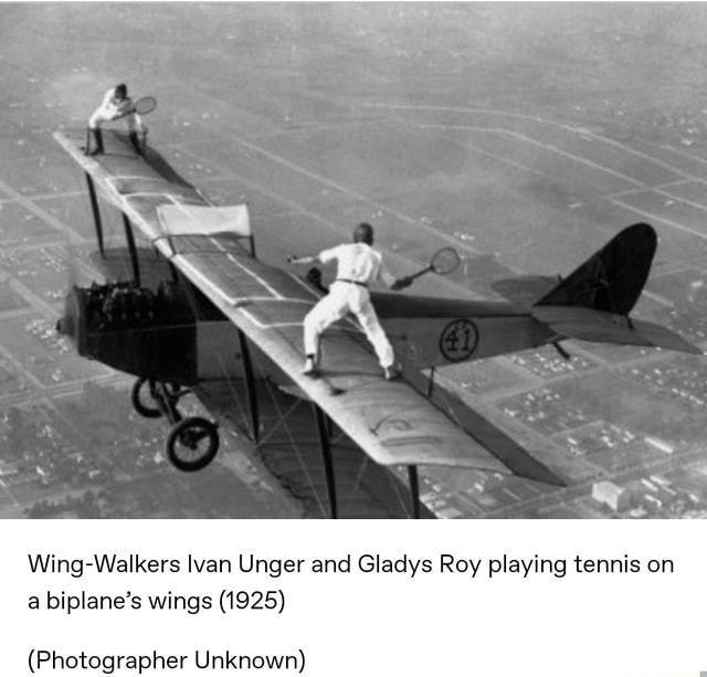 Wing-Walkers Ivan Unger and Gladys Roy playing tennis on a biplane’s ...