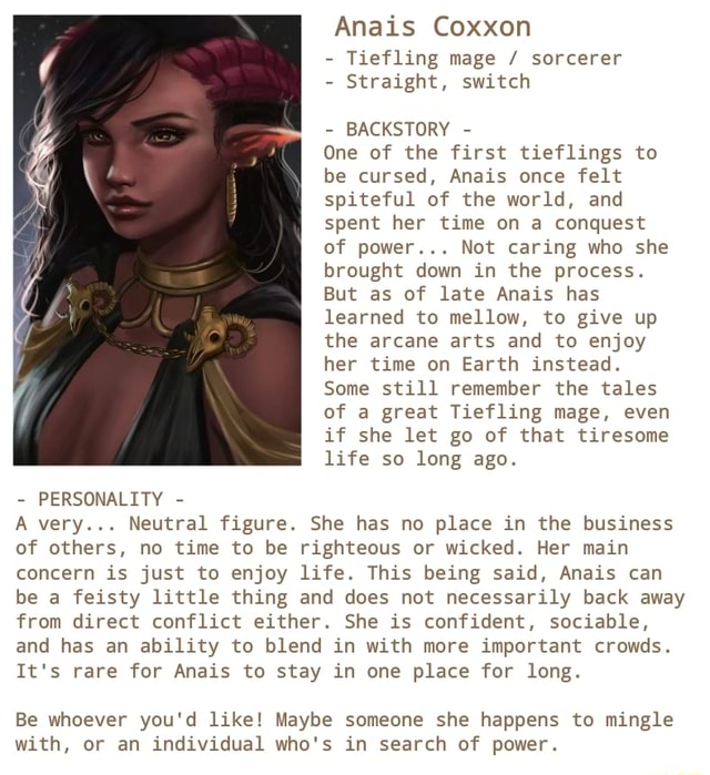 Anais Coxxon - Tiefling mage / sorcerer - Straight, switch - BACKSTORY ...