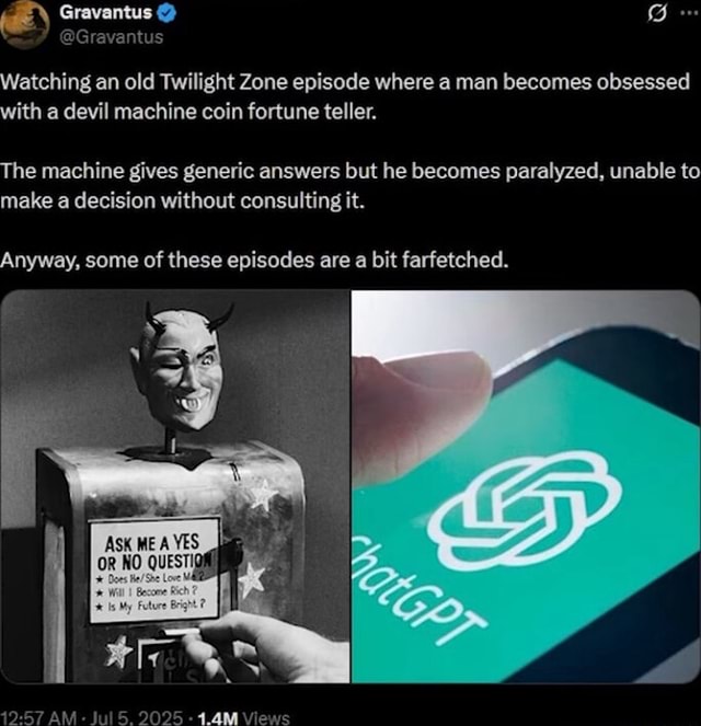 Gravantus @Gravantus Watching an old Twilight Zone episode where a man ...
