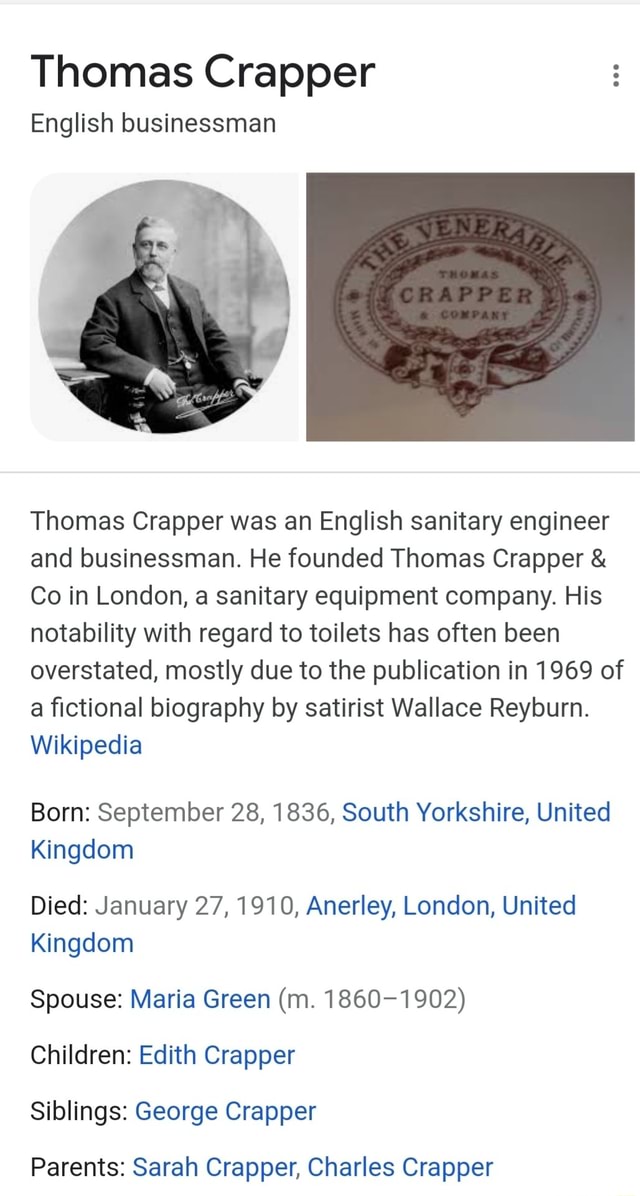 Thomas Crapper English businessman Thomas Crapper was an English ...