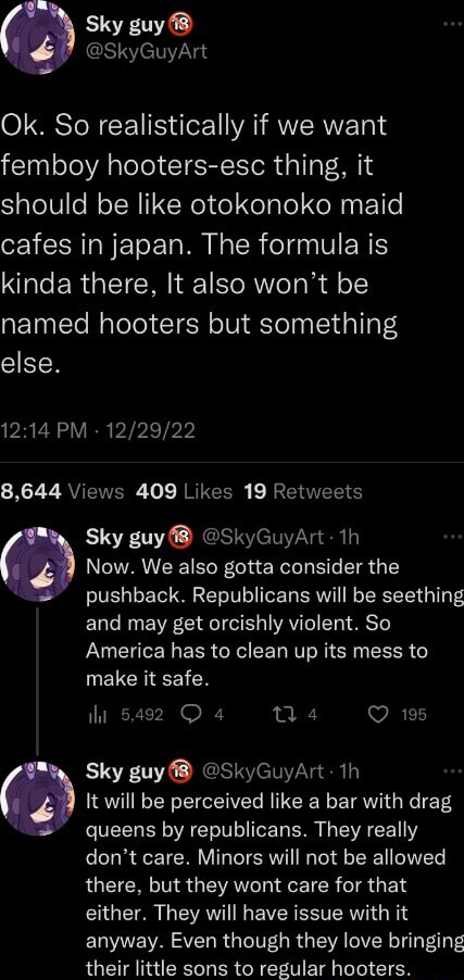 Sky Gu Ok. So realistically if we want femboy hooters-esc thing, it should be like otokonoko ...