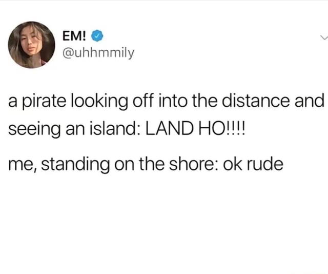 A pirate looking off into the distance and seeing an island: LAND HO ...