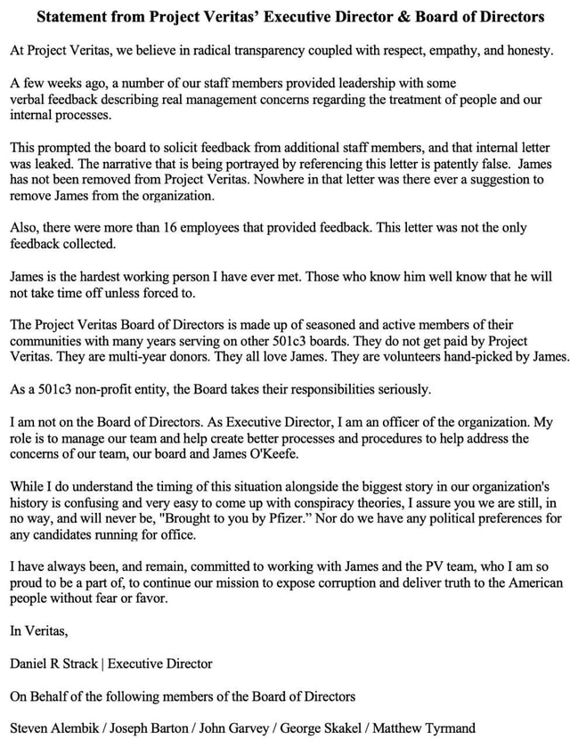 Statement from Project Veritas' Executive Director & Board of Directors At Project Veritas, we ...