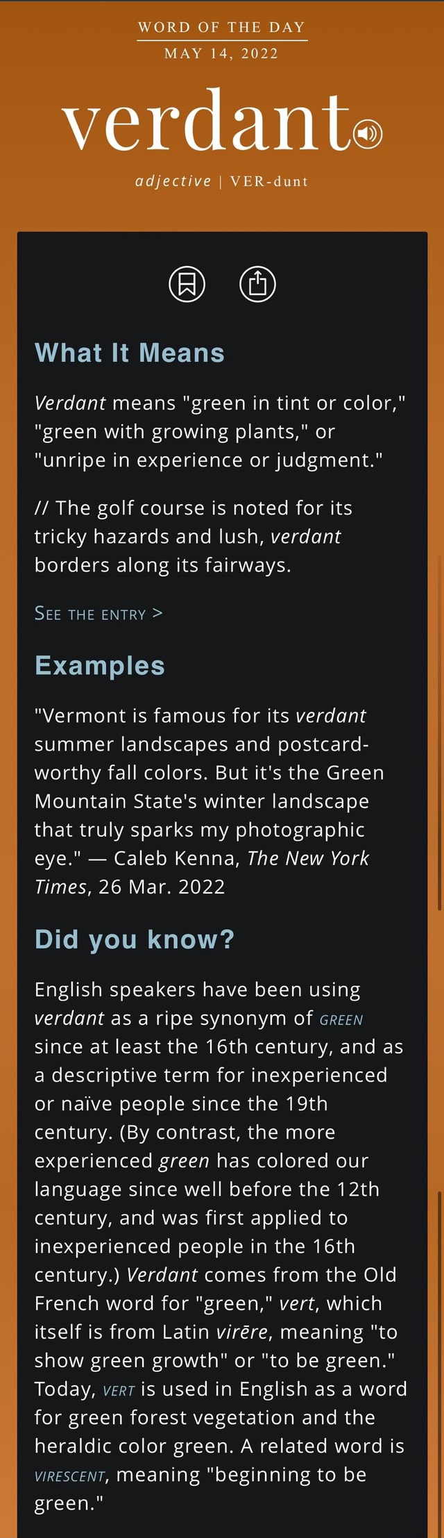 WORD OF THE DAY MAY 14, 2022 verdante adjective I VER-dunt What It ...