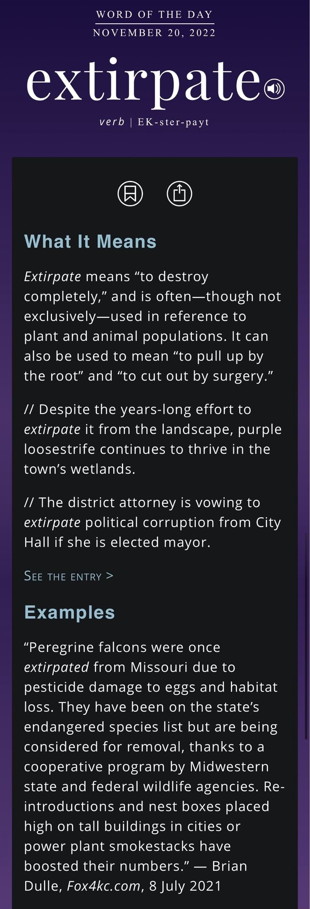 WORD OF THE DAY NOVEMBER 20, 2022 extirpatee verb I EK-ster-payt What ...