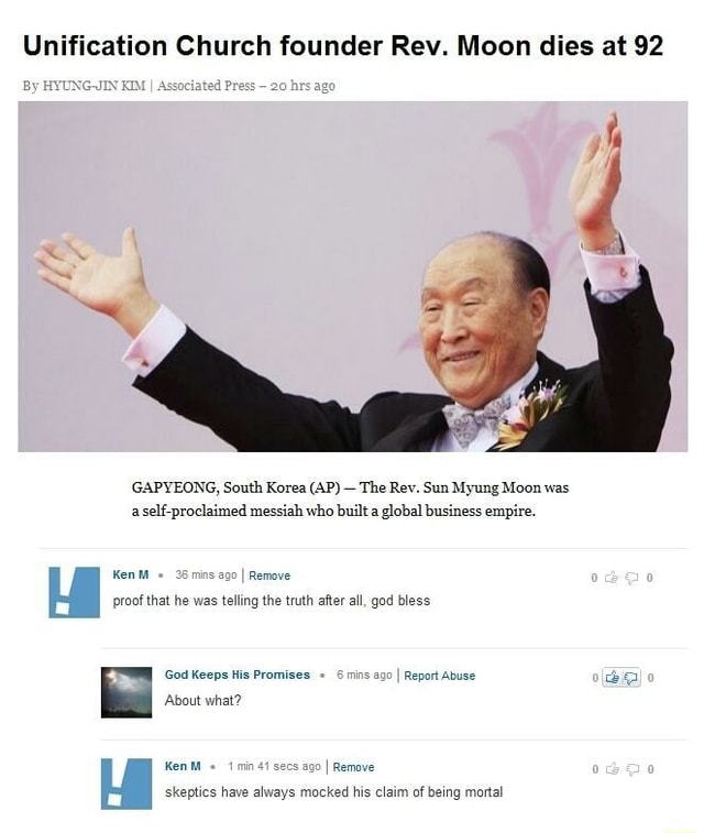Unification Church founder Rev. Moon dies at 92 By HYUN GAPYEONG, South ...