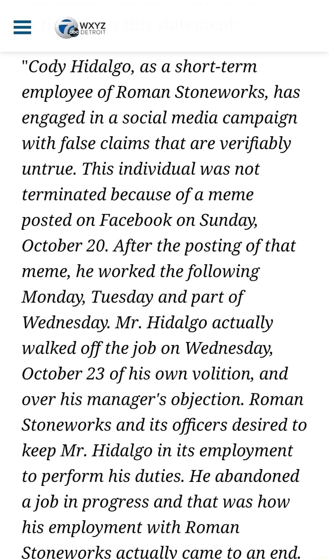 "Cody Hidalgo, as a short-term employee of Roman Stoneworks, has ...