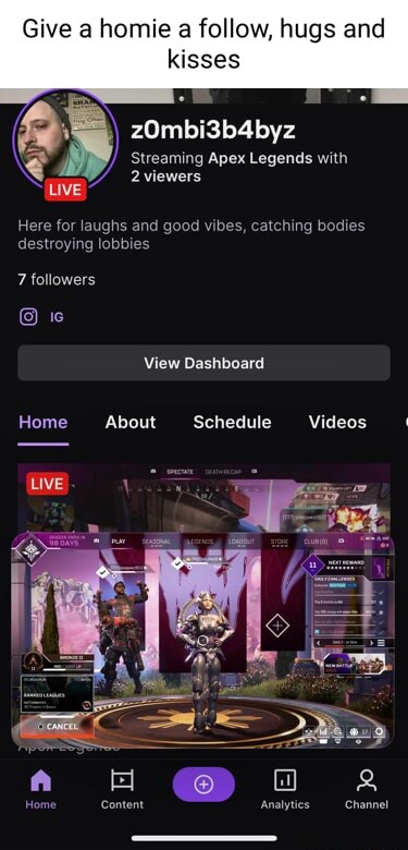 Give a homie a follow, hugs an kisses zOmbi3b4byz Streaming Apex Legends with 2 viewers Here for ...