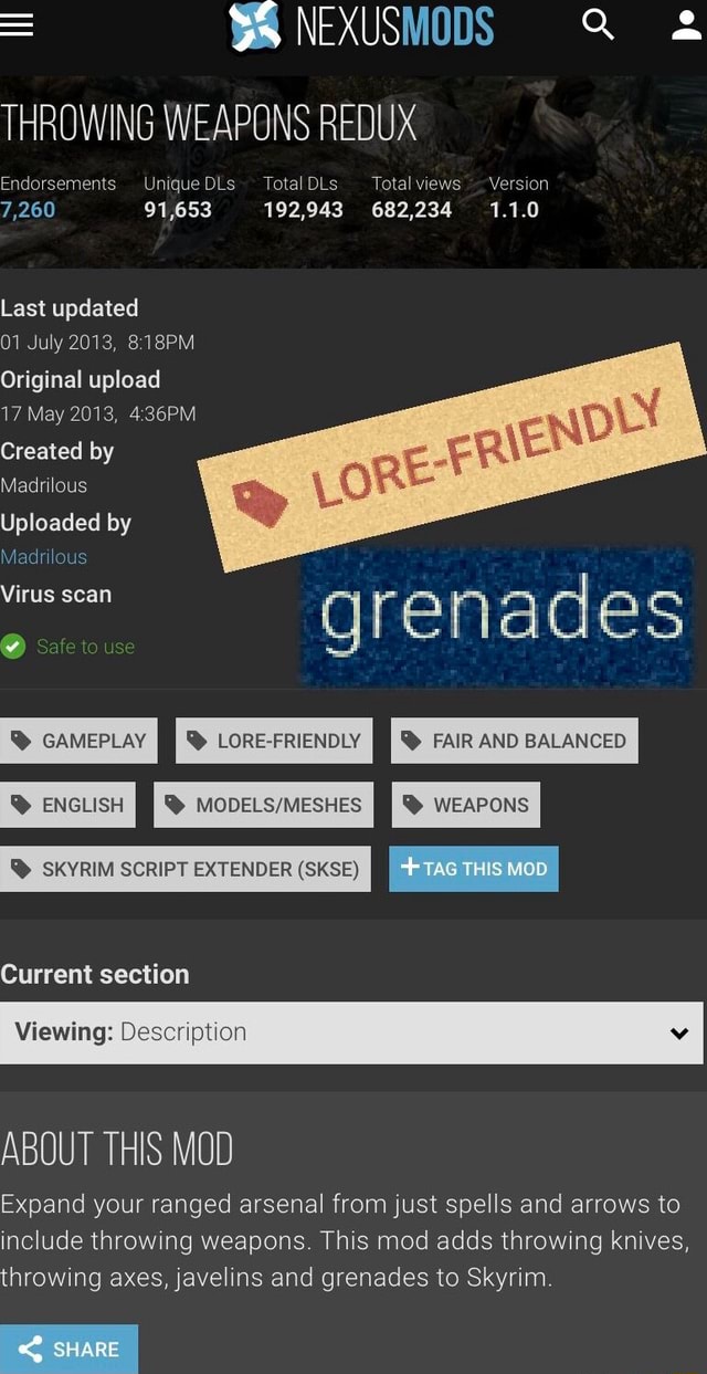 = SS NEXUS THROWING WEAPONS REDUX Endorsements UniqueDLs~ TotalDLs Total views Version 7,260 ...