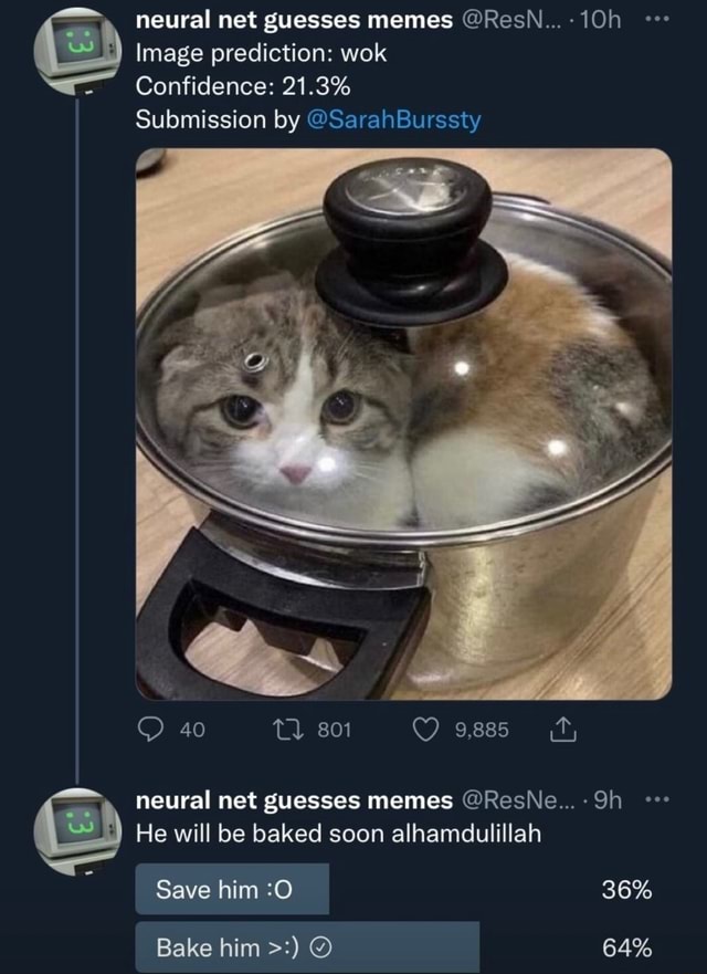 Neural net guesses memes @ResN... Image prediction: wok Confidence: 21. ...