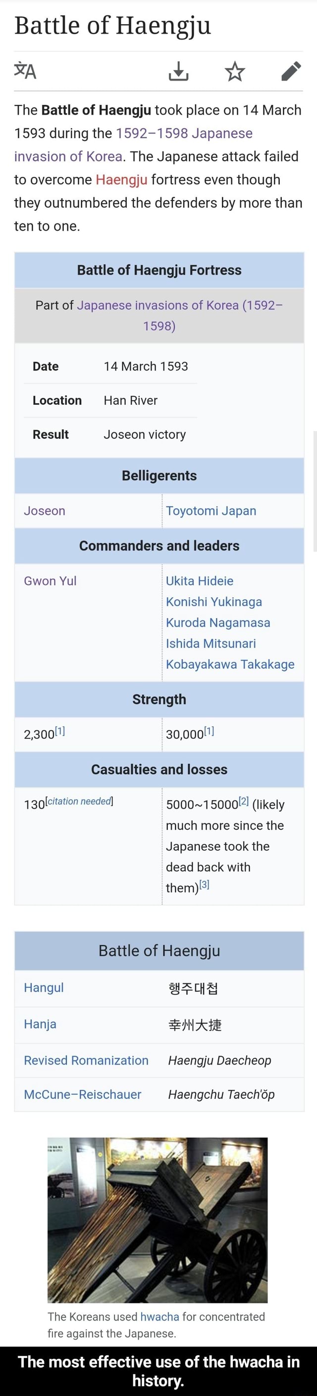 Battle of Haengju The Battle of Haengju took place on 14 March 1593 ...