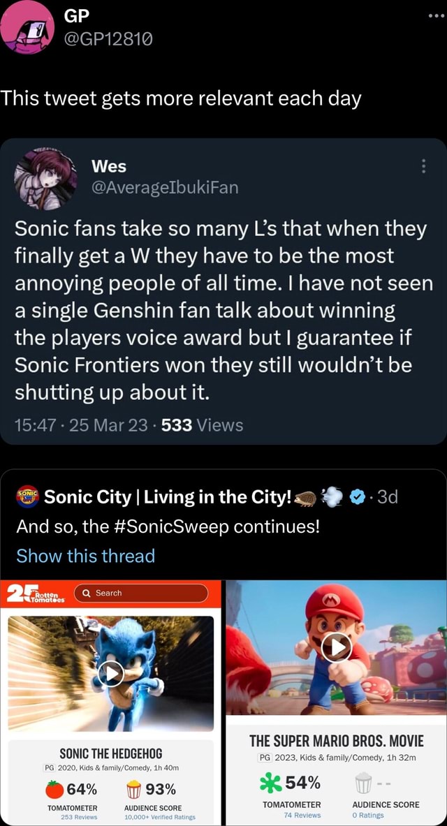 GP @GP12810 This tweet gets more relevant each day Wes ukiFan Sonic fans take so many L's that ...